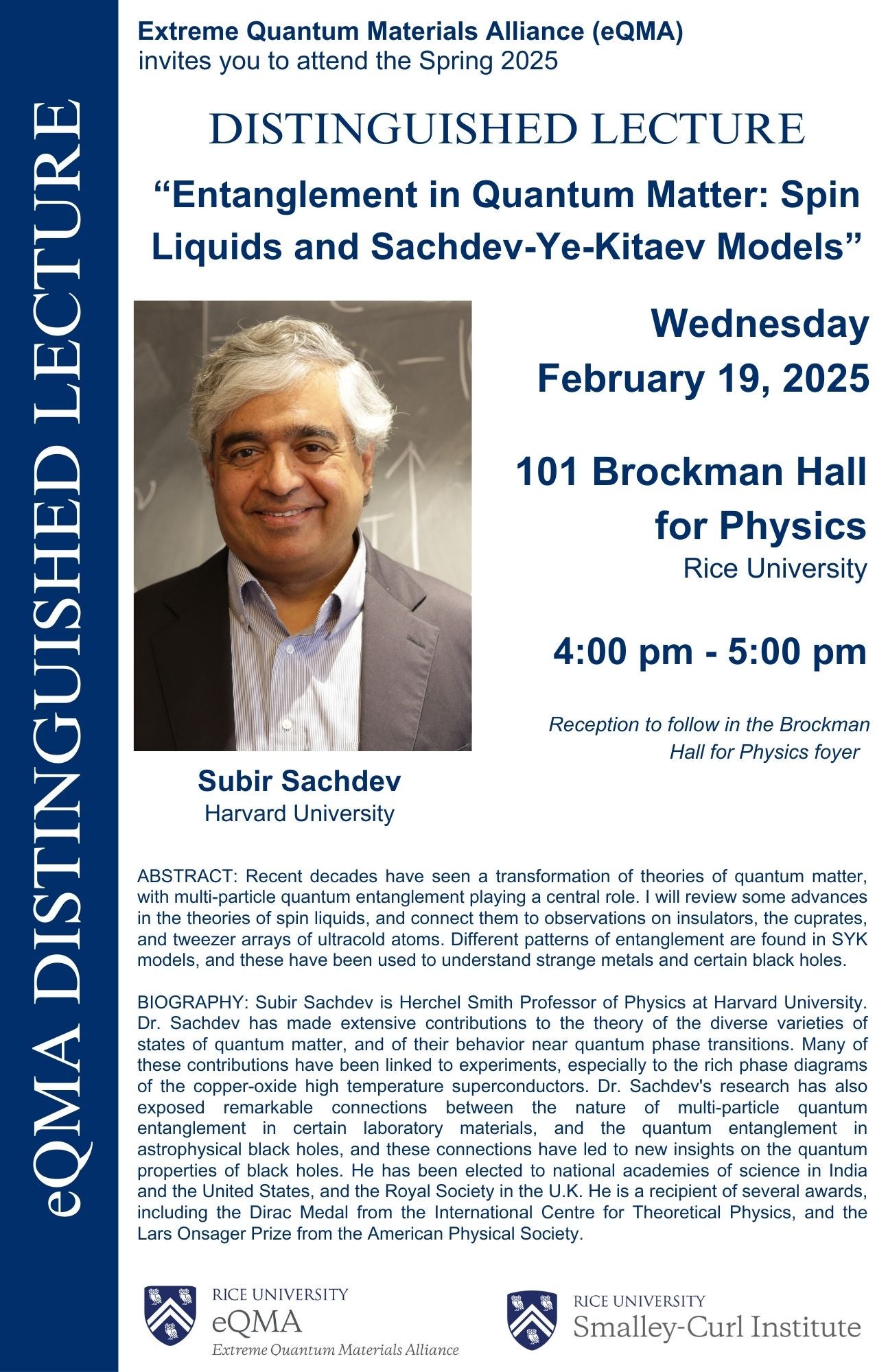 Spring 2025 eQMA Distinguished Lecture: Subir Sachdev, Harvard University | eQMA | Rice University